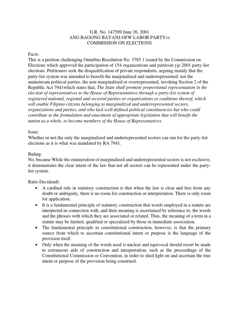 DIGEST - (28) Ang Bagong Bayani VS COMELEC | PDF | Statutory ...