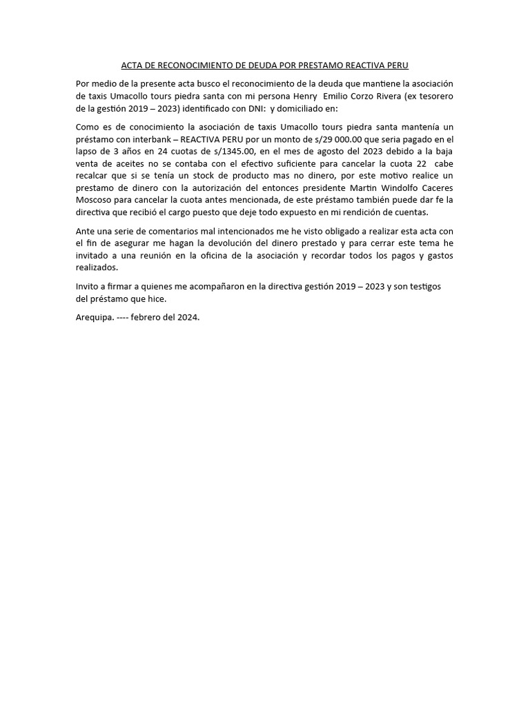 Reconocimiento de Deuda por Préstamo 2024 | PDF