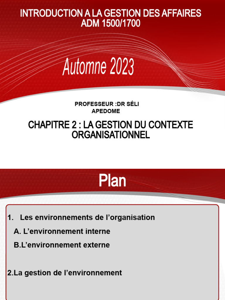 1.Chapitre 2 La Gestion Du Contexte Organisationnel | PDF | Business ...