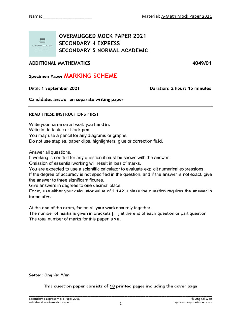 [AMATH] Mock Paper 1 2021 [Full Solutions] | PDF | Function ...