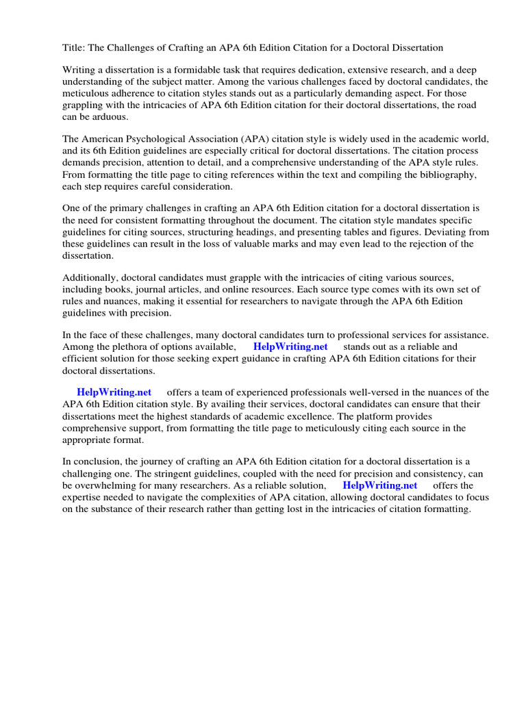 Apa 6th Edition Citation Of Doctoral Dissertation Pdf Apa Style