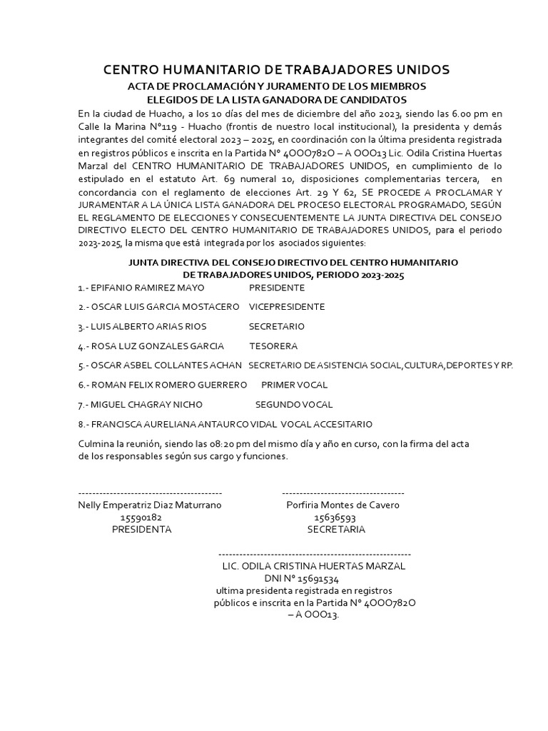 Acta de Proclamación y Juramentacion de Lista Ganadora de Candidatos ...