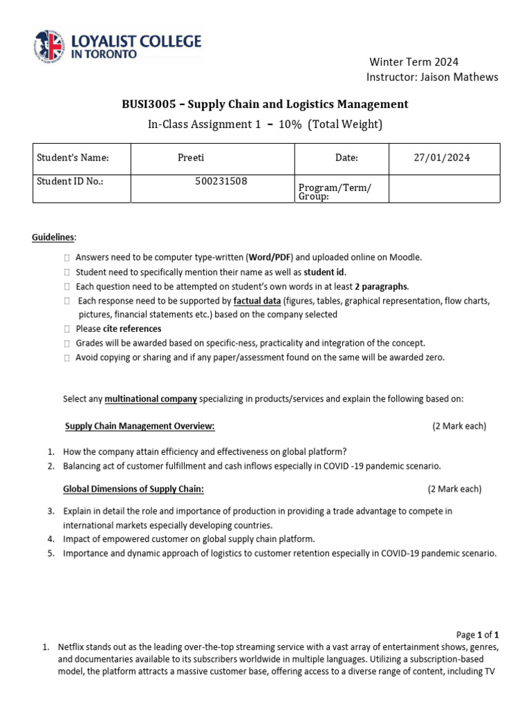 BUSI3005 - In-Class Assignment 1-3 | PDF | Supply Chain | Logistics