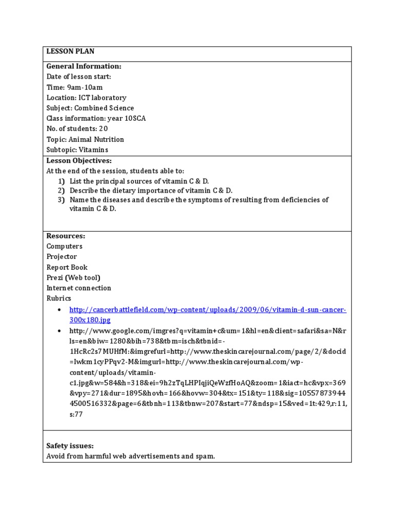 Vitamin C & D Lesson Plan | PDF | Educational Assessment | Lesson Plan