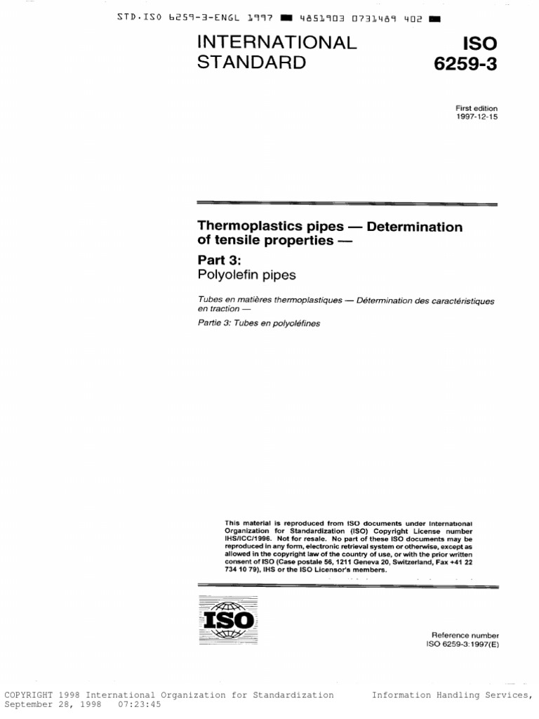 ISO 6259 - 3 Thermoplastics Pipes Determination of Tensile P 1 | PDF