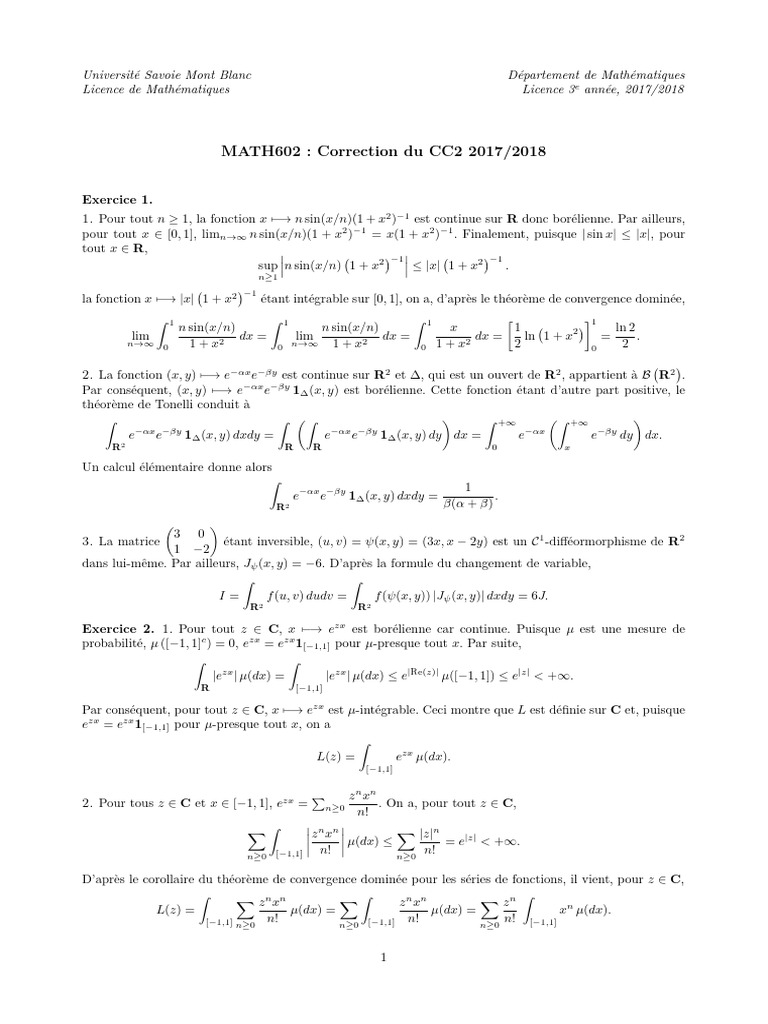 Correction CC2 Licence Mathématiques 2017 | PDF | Concepts ...
