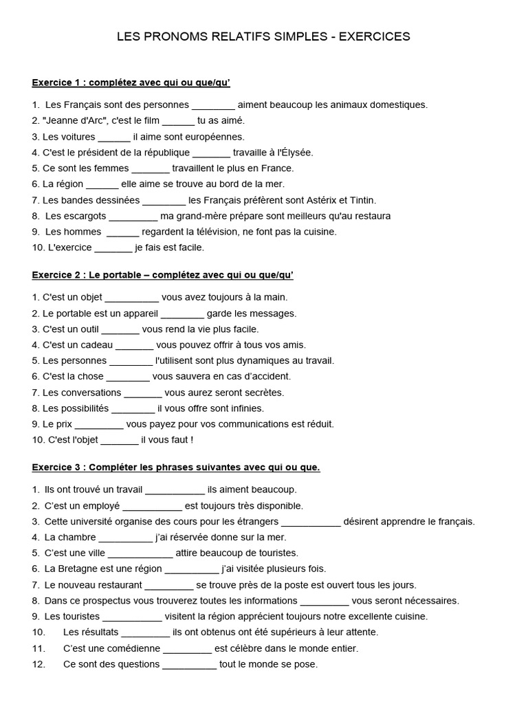 Exercices sur les pronoms relatifs simples | PDF