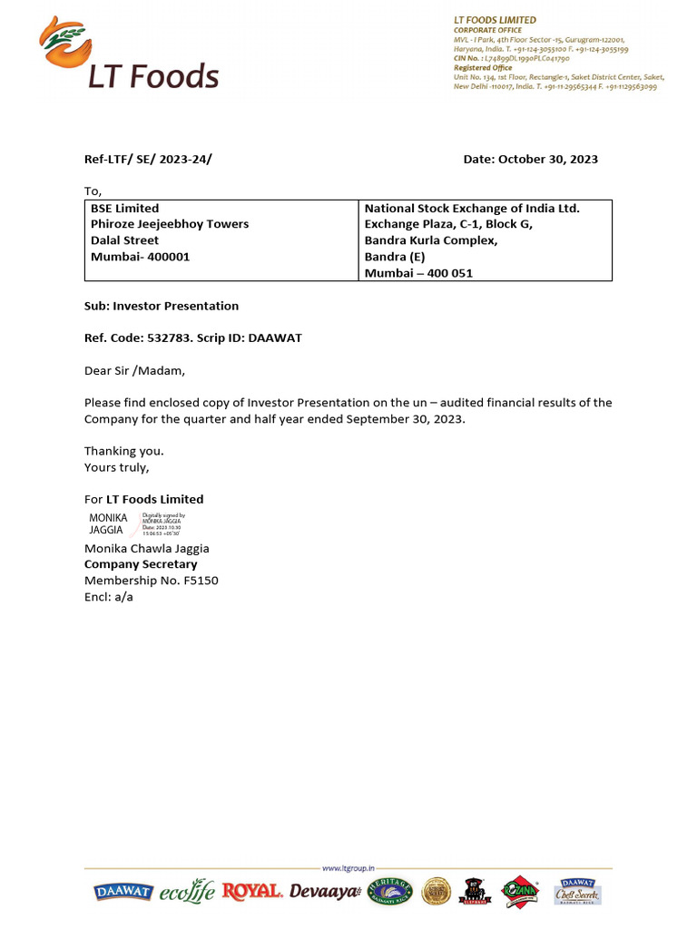 LT Foods Q2 & H1 FY24 Investor Update | PDF | Dividend | Investing