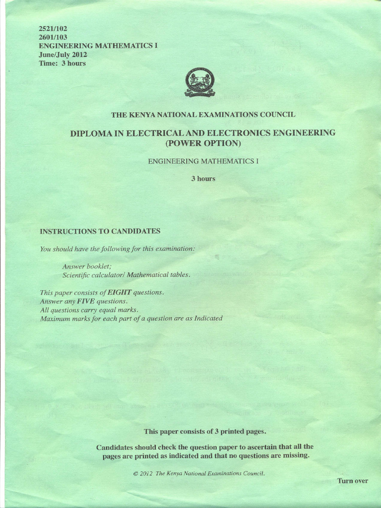 Engineering Mathematics 1 June - July 2012 | PDF