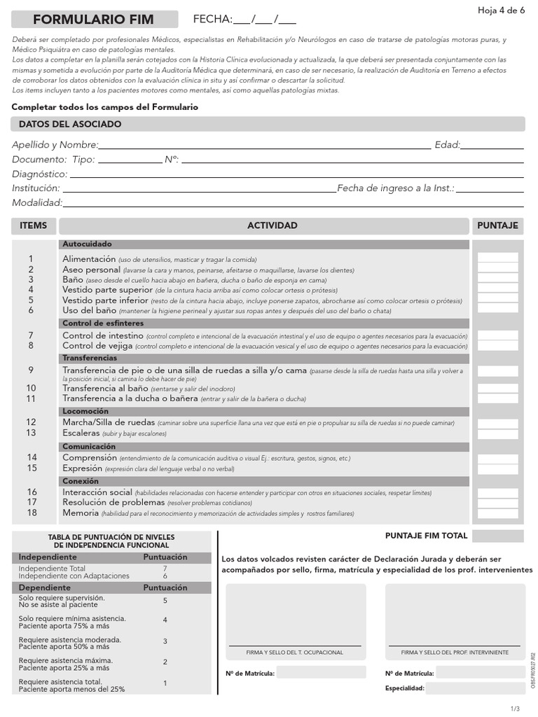 Planilla FIM para Evaluación Funcional | PDF | Comunicación | Higiene