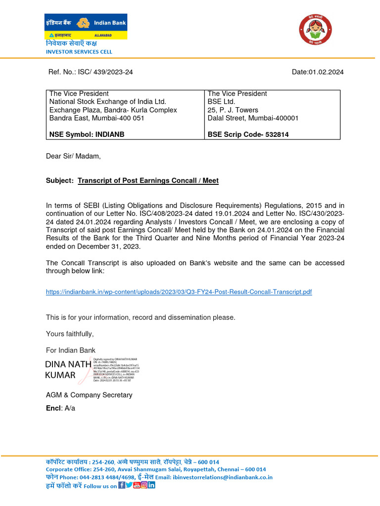 Dina Nath Kumar: Nse Symbol: Indianb BSE Scrip Code-532814 | PDF ...