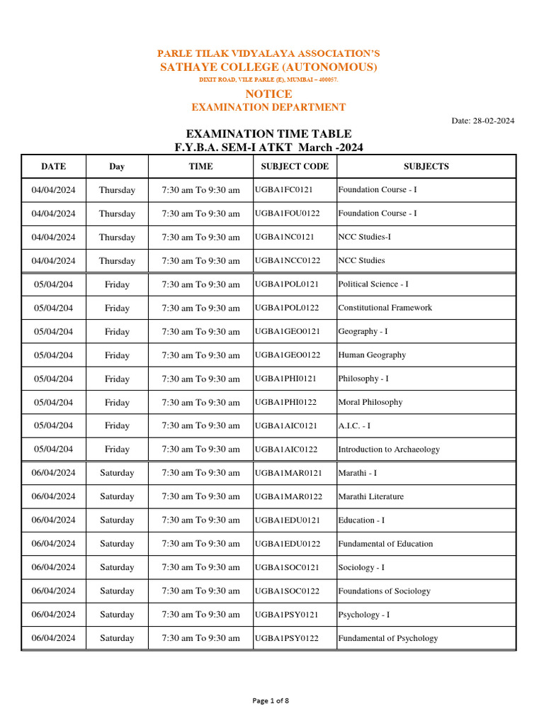 Time Table Fy Sem I Atkt Examination March 2024 | PDF | Science