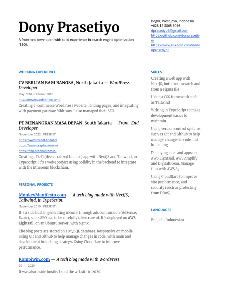 Dony Prasetiyo - Front-end developer | PDF | Software | Software Development