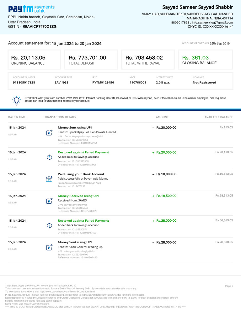 Account Statement 150124 200124 | PDF | Cash | Automated Teller Machine