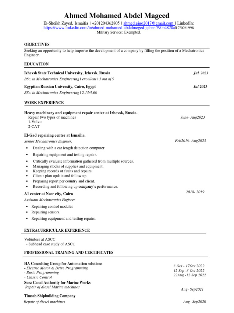 Mechatronics Engineer Resume | PDF | Mechatronics | Engineering