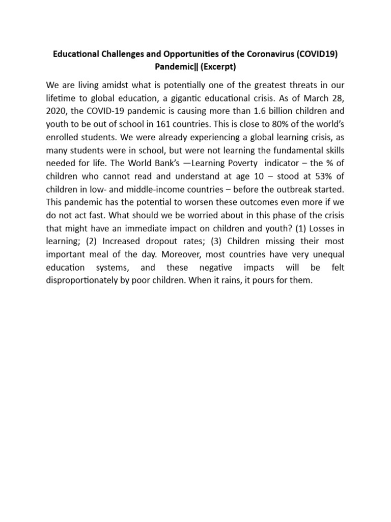 Educational Challenges and Opportunities of The Coronavirus | PDF | Self-Improvement
