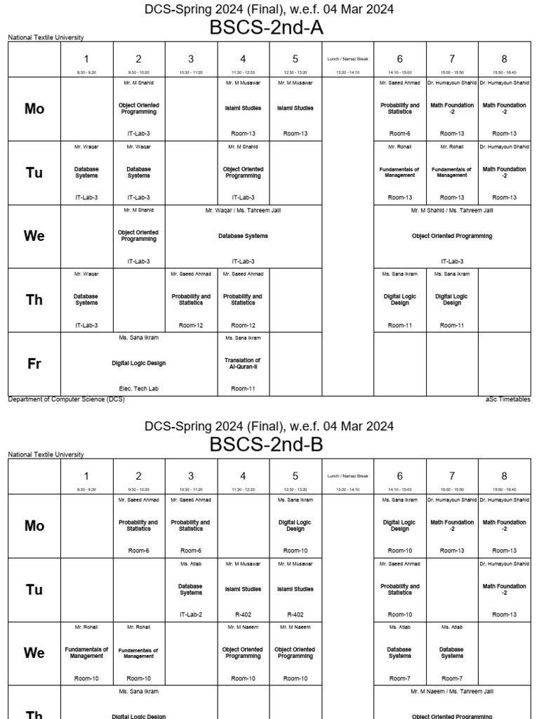 DCS Classes Time Table Spring 2024 Final | PDF | Computing | Computer Science
