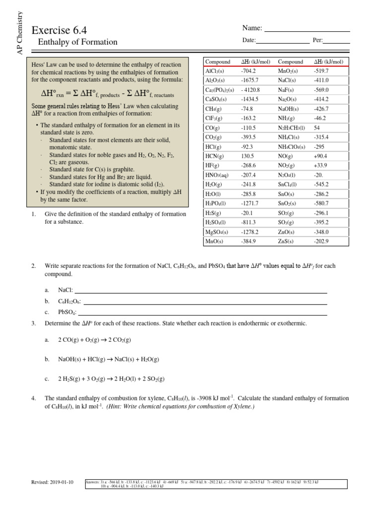 Enthalpy of Formation Exercises | PDF | Ammonia | Chemical Reactions