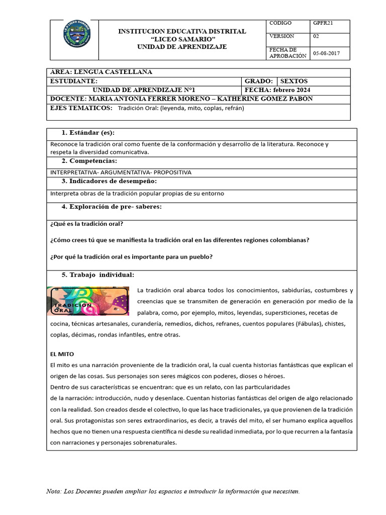 Unidad de Aprendizaje 1 | PDF | Tradiciones | Tradición oral