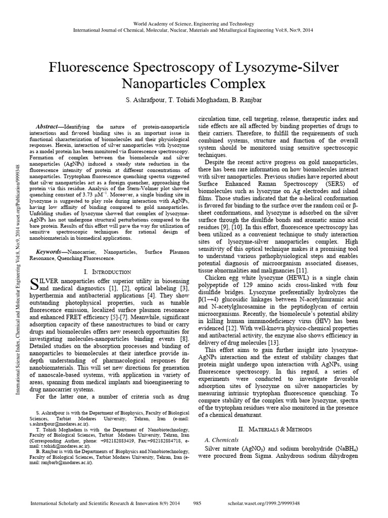 102 FLUO Fluorescence Spectroscopy of Lysozyme Silver Nanoparticles Complex | PDF | Nanoparticle ...