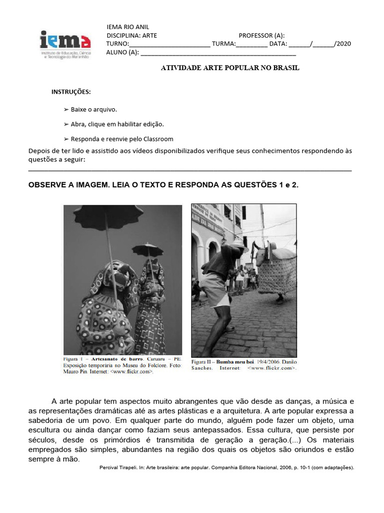 Atividade Arte Popular No Brasil | Download grátis PDF | Cultura ...