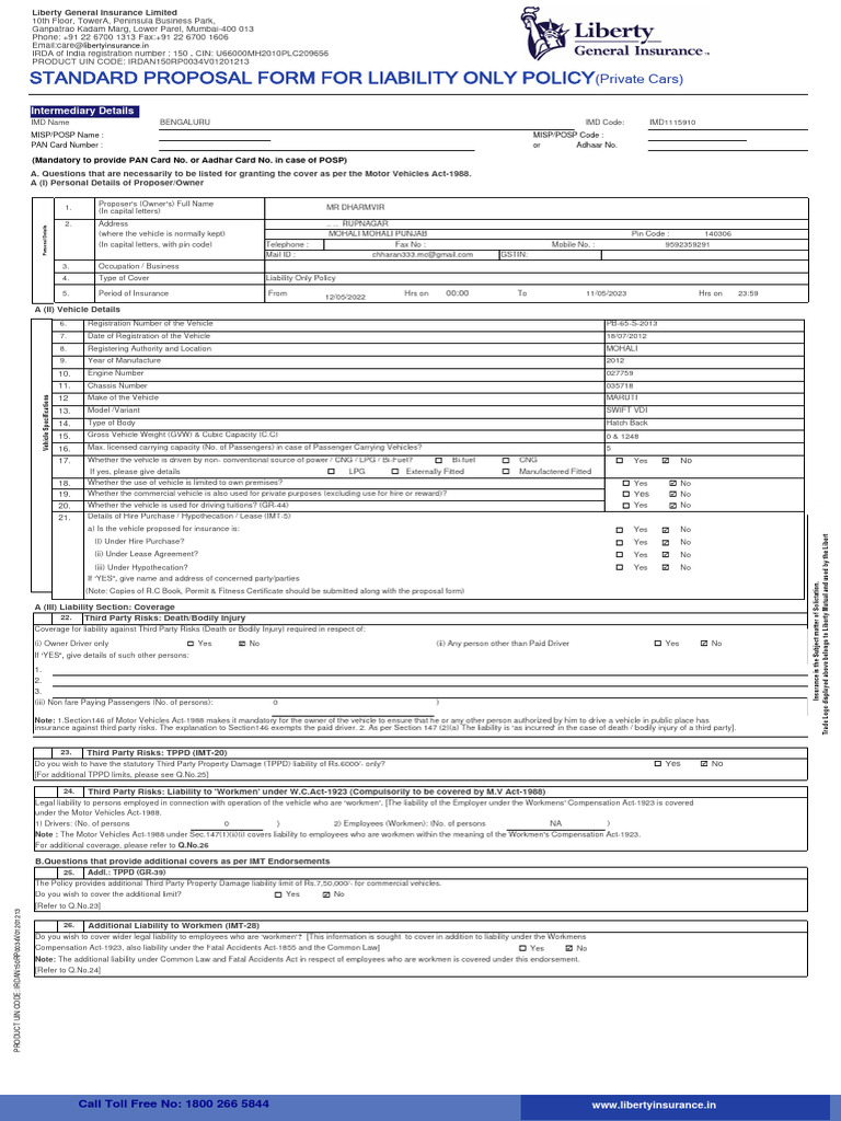 Liability Insurance Proposal Form | PDF | Insurance | Cheque