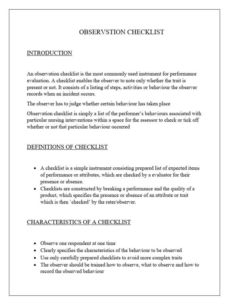 OBSERVSTION CHECKLIST Assignment | PDF | Observation | Behavior