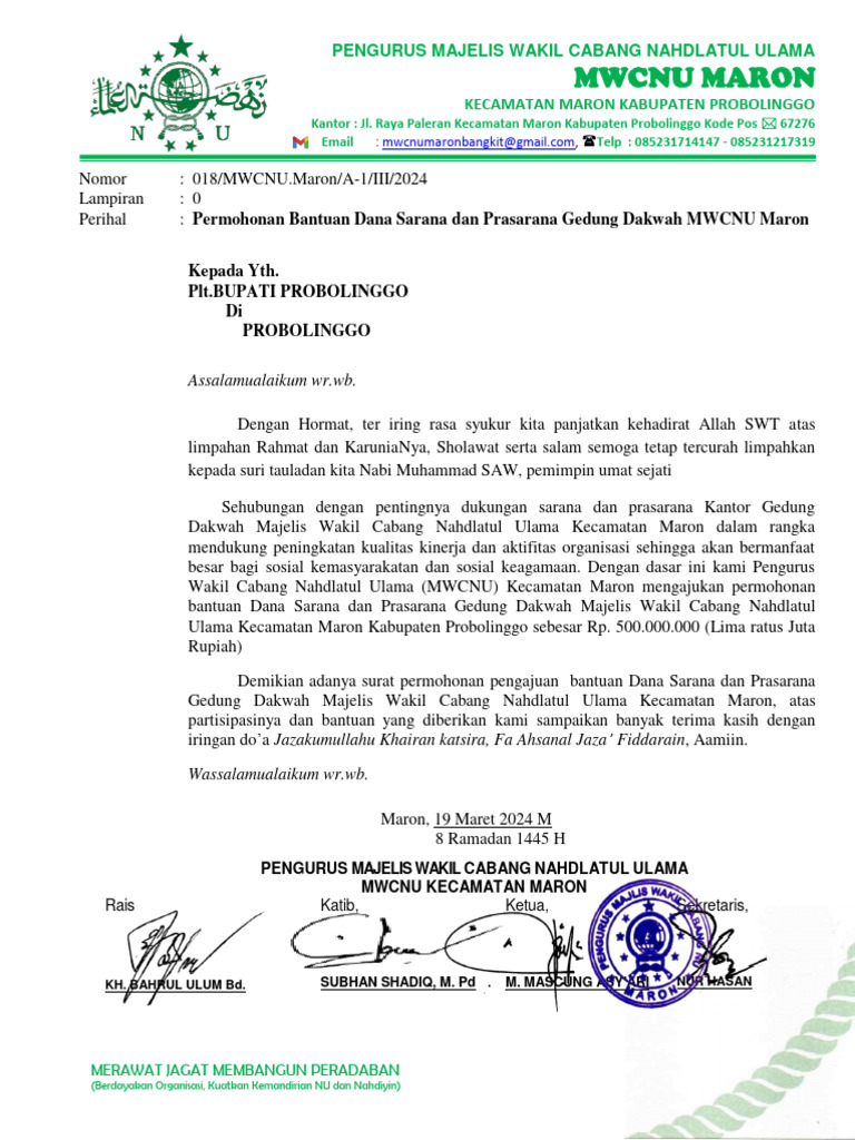 Proposal Dana Hibah Gedung Dakwah Mwcnu Maron 2024 | PDF