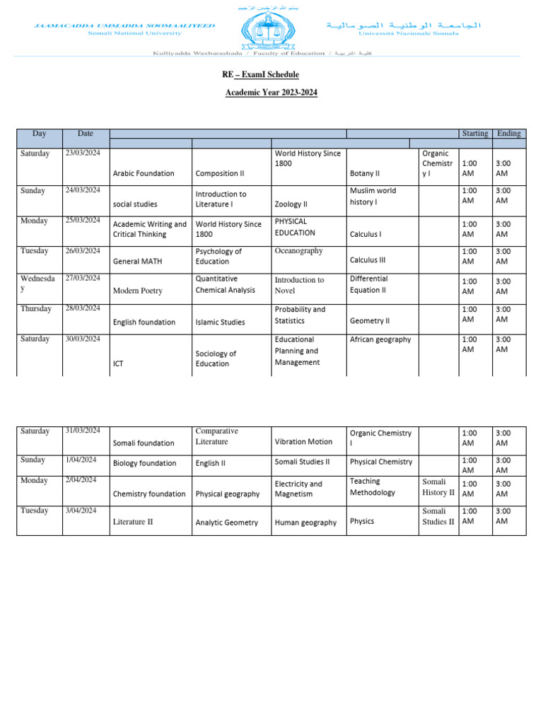 Schedual Re-Exam I March | PDF | Chemistry | Geography