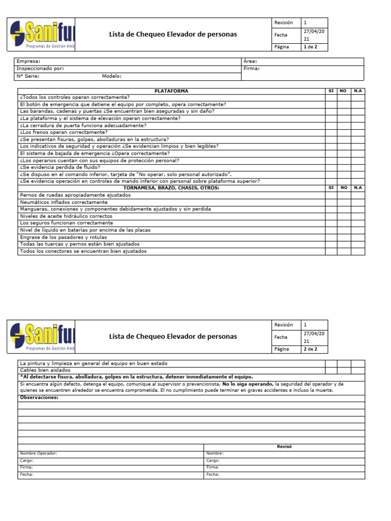 Checklist de Inspección para Elevadores | PDF