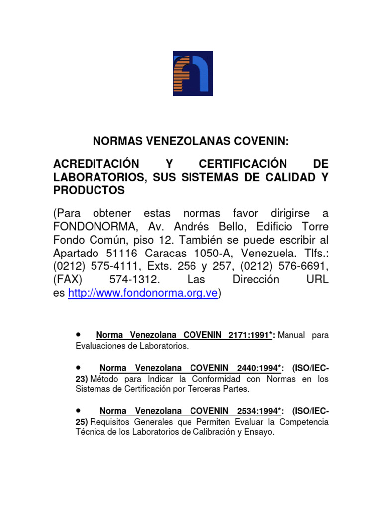 NORMAS VENEZOLANAS COVENIN Laboratorios | PDF | Venezuela