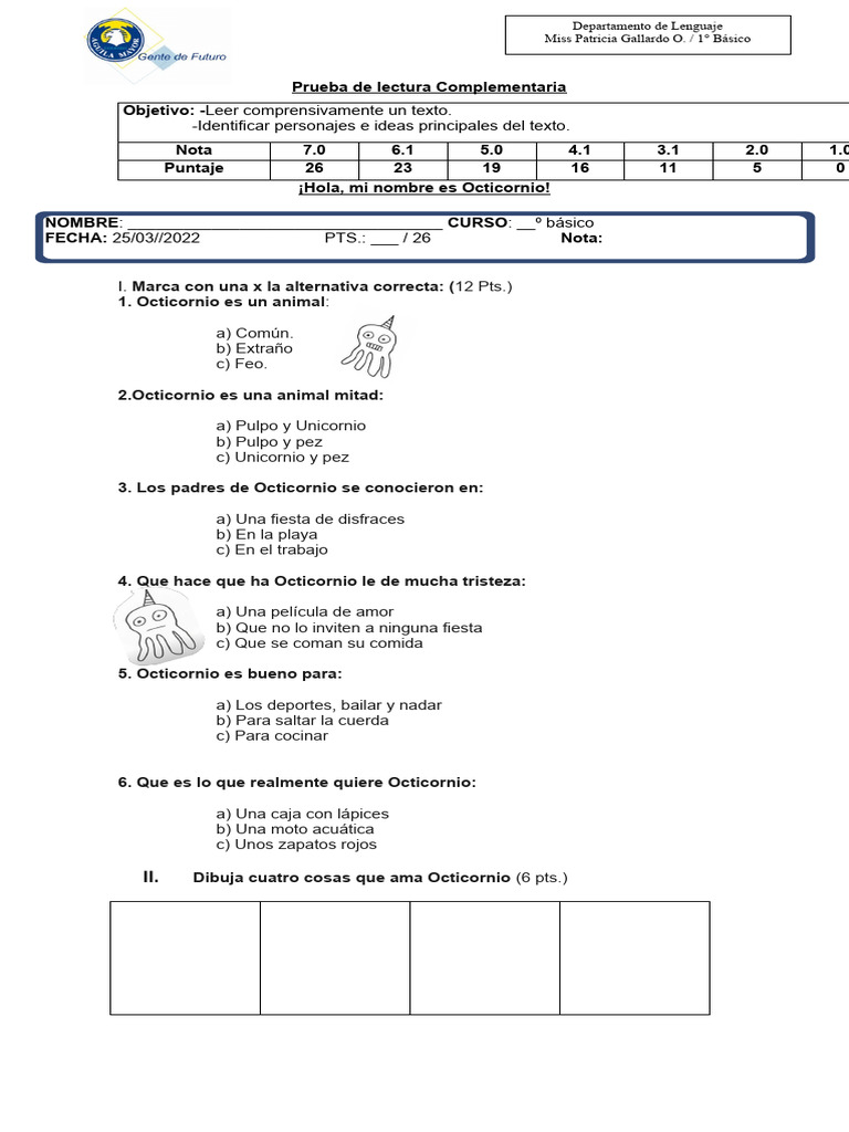 Evaluación ¡Hola Mi Nombre Es Octicornio! 1°B Miss Pathy | PDF