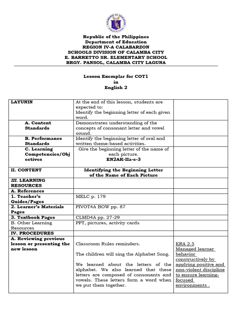 English Cot1 Agcaoili | PDF | Learning | English Language