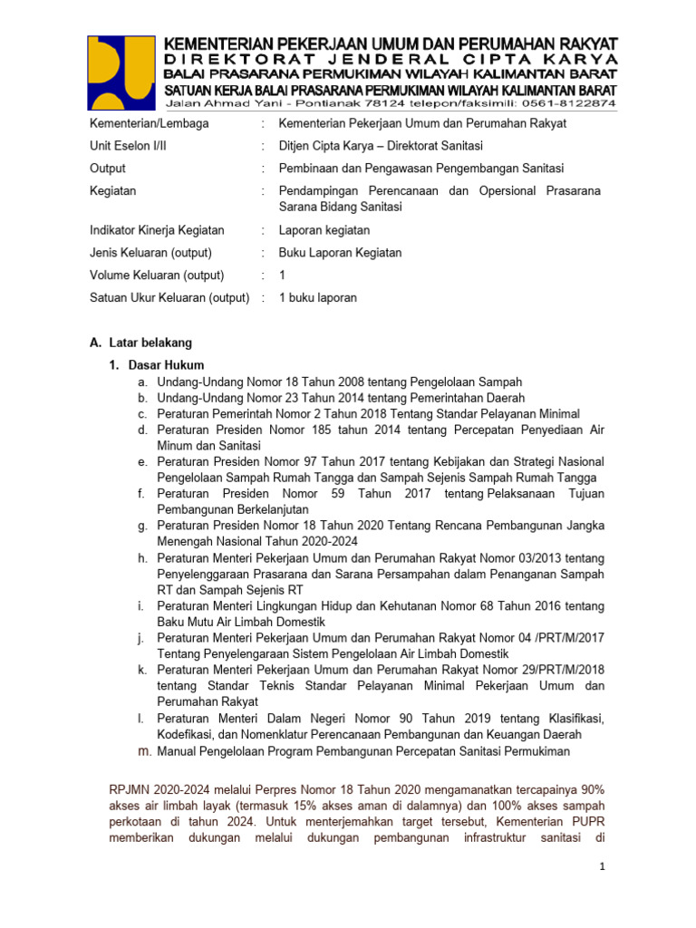 KAK Pendampingan Perencanaan Dan Opersional Saspras Sanitasi 2022 - UPDATE | PDF | Pengelolaan ...