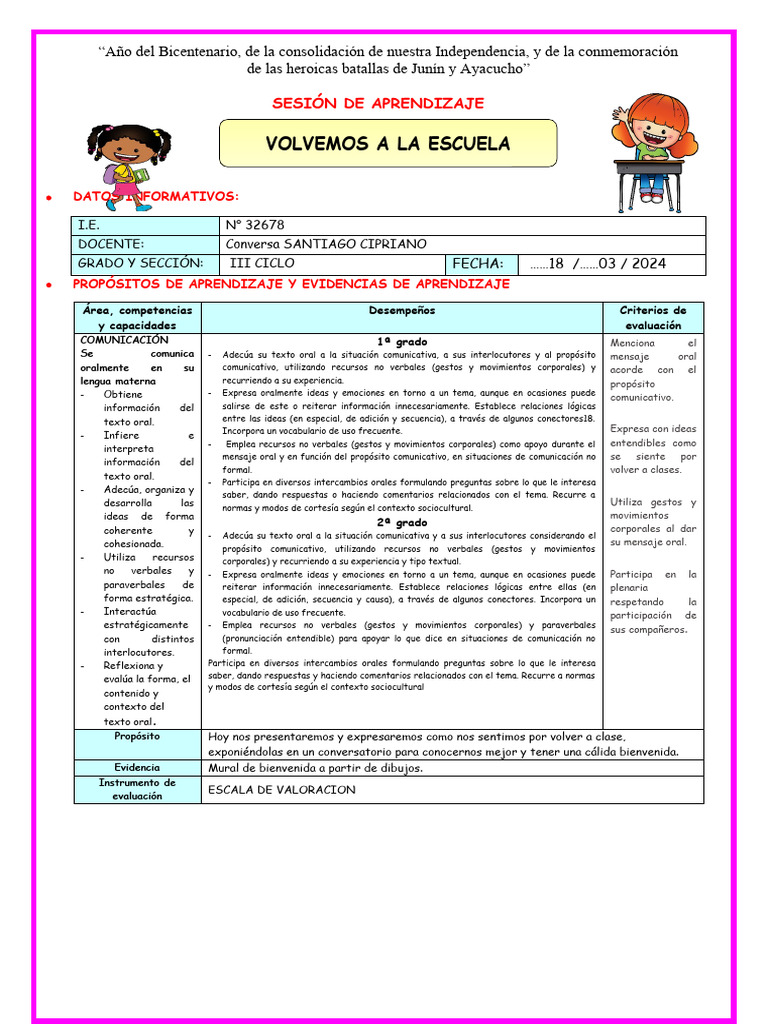 U1 s1 Sesion d1 Com Volvemos Al Colegio | PDF