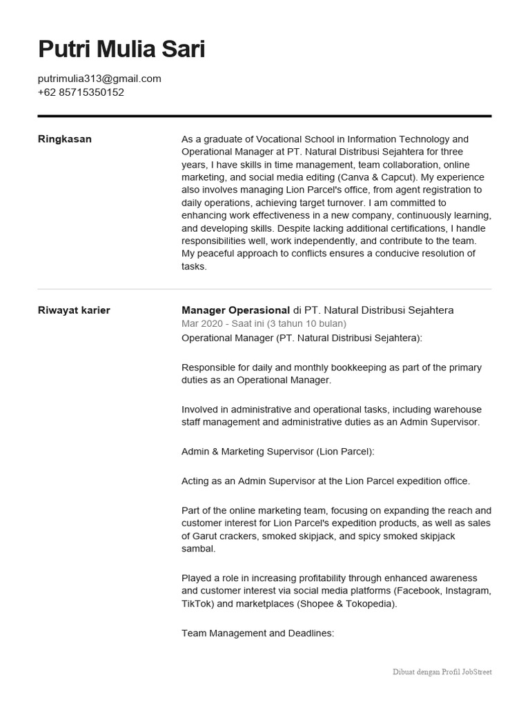 Putri Mulia Sari Administrasi Resume | PDF | Business