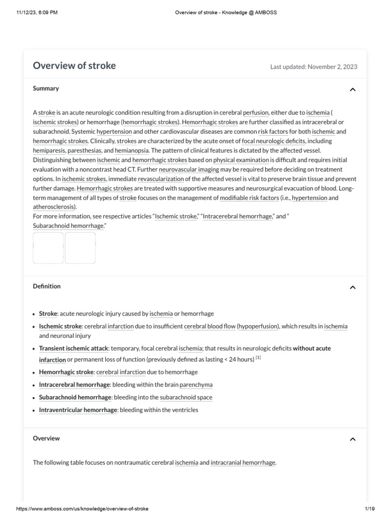 Overview of Stroke - Knowledge at AMBOSS | PDF | Stroke | Ischemia
