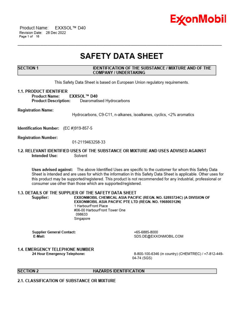 Exxsol D40 MSDS | PDF | Waste Management | Toxicity