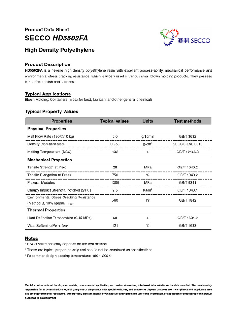 SECCO HD5502FA Product Data Sheet | PDF | Materials