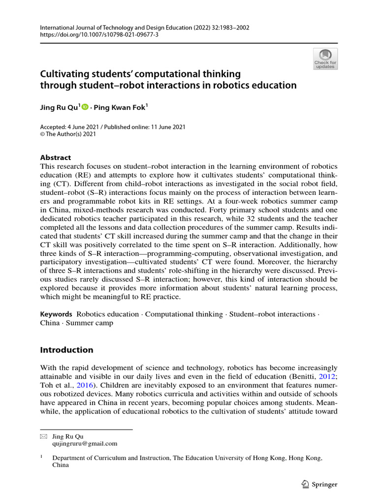 Cultivating Students' Computational Thinking Through Student-Robot ...