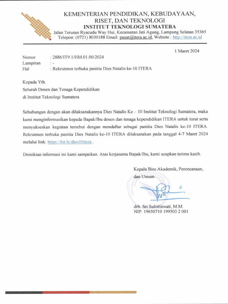 Undangan Open Rekruitmen Dies Natalis 10 ITERA | PDF