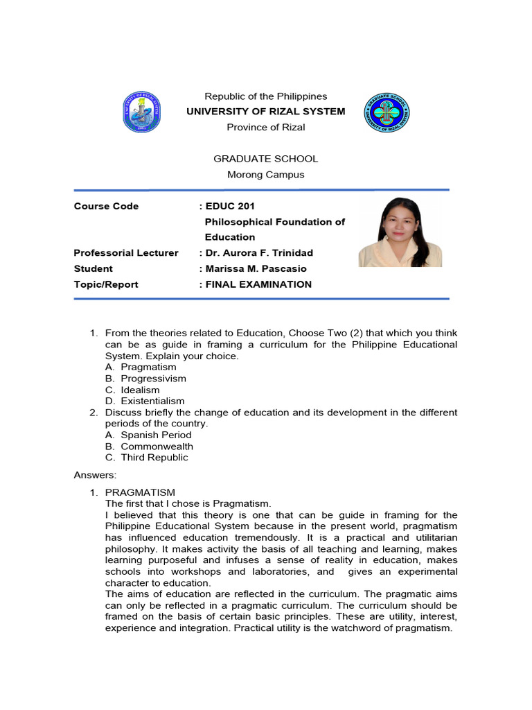 Educ 201 Format & Final Exam | PDF | Curriculum | Pragmatism
