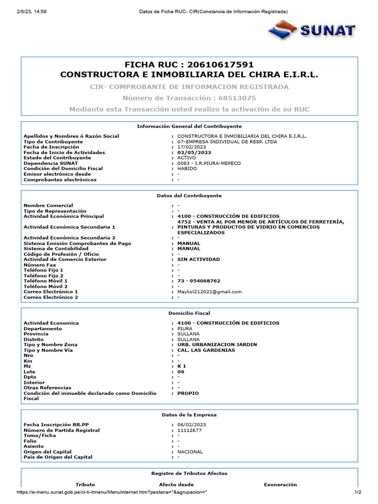 Constructora e Inmobiliaria Del Chira Eirl Ficha Ruc | PDF