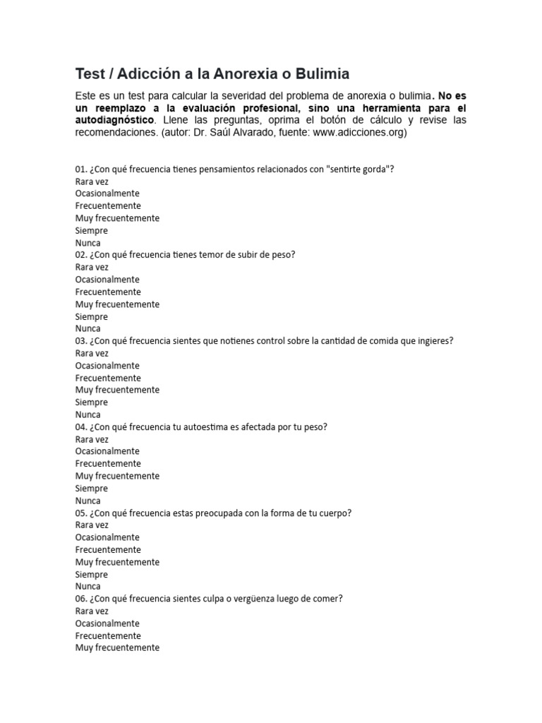 Test Anorexia y Bulimia | PDF | Psicología anormal | Salud mental
