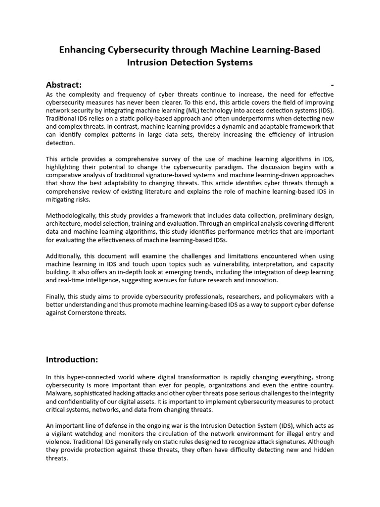 Enhancing Cybersecurity Through Machine Learning Based Intrusion Detection Systems Pdf