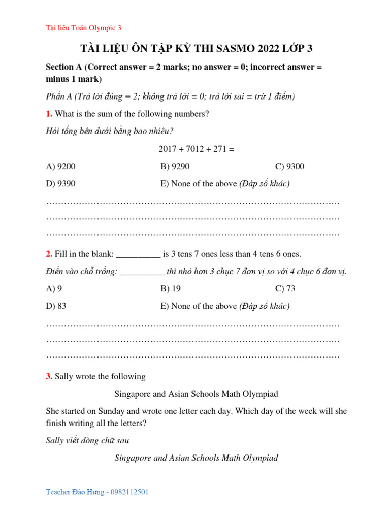 SASMO 2022 L P 3mocktest - PhieuBT | PDF