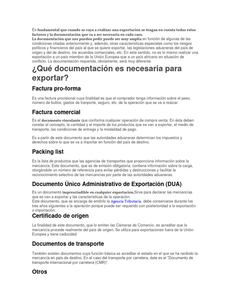 Documentación Esencial para Exportar | PDF | Factura | Exportaciones