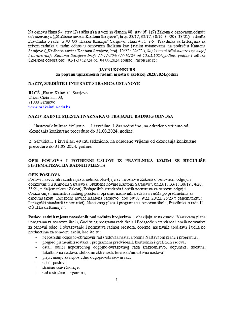 Javni Konkurs Mart 2024 - Nastavnik KŽ I Servirka PDF | PDF