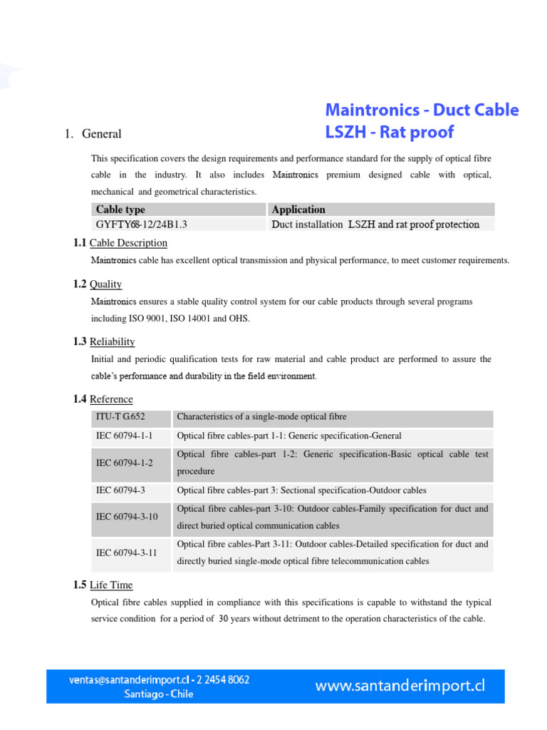 Ficha Tecnica Fibra Ducto SM 12-24F LSZH Antirroedor Maintronics GG | PDF | Optical Fiber | Optics