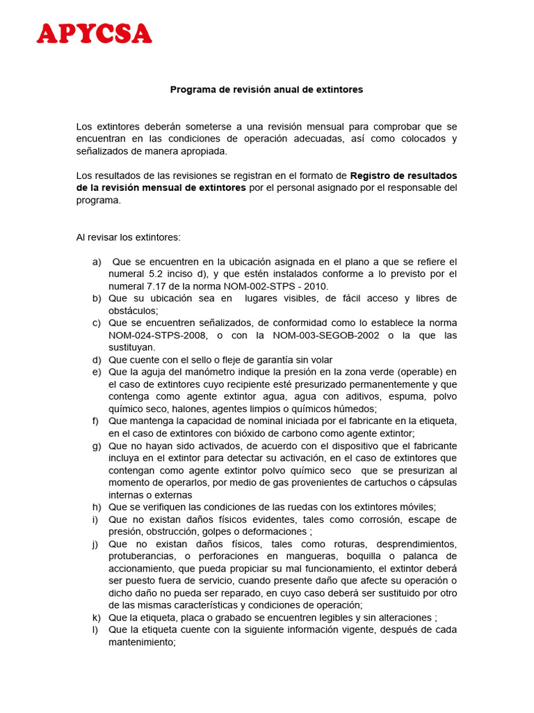 Programa de Revisión Anual de Extintores | Descargar gratis PDF | Materiales